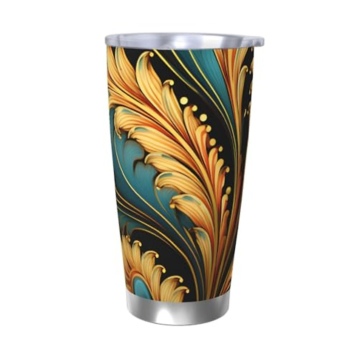 AYCZN Ethnic Peacock Feather 20 OZ Tumbler Stainless Steel Travel Coffee Mug, Mandara Flower Floral Insulated Water Bottle with Lid and 2 StrawsLeakproof Thermal Cup