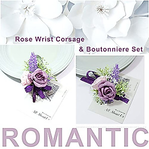 lengenyen 2Pcs Purple Wrist Corsage and Boutonniere Set, Artificial Rose Flower Corsage Wristlet and Men's Boutonniere Set for Wedding Prom Anniversary Homecoming Formal Dinner Party