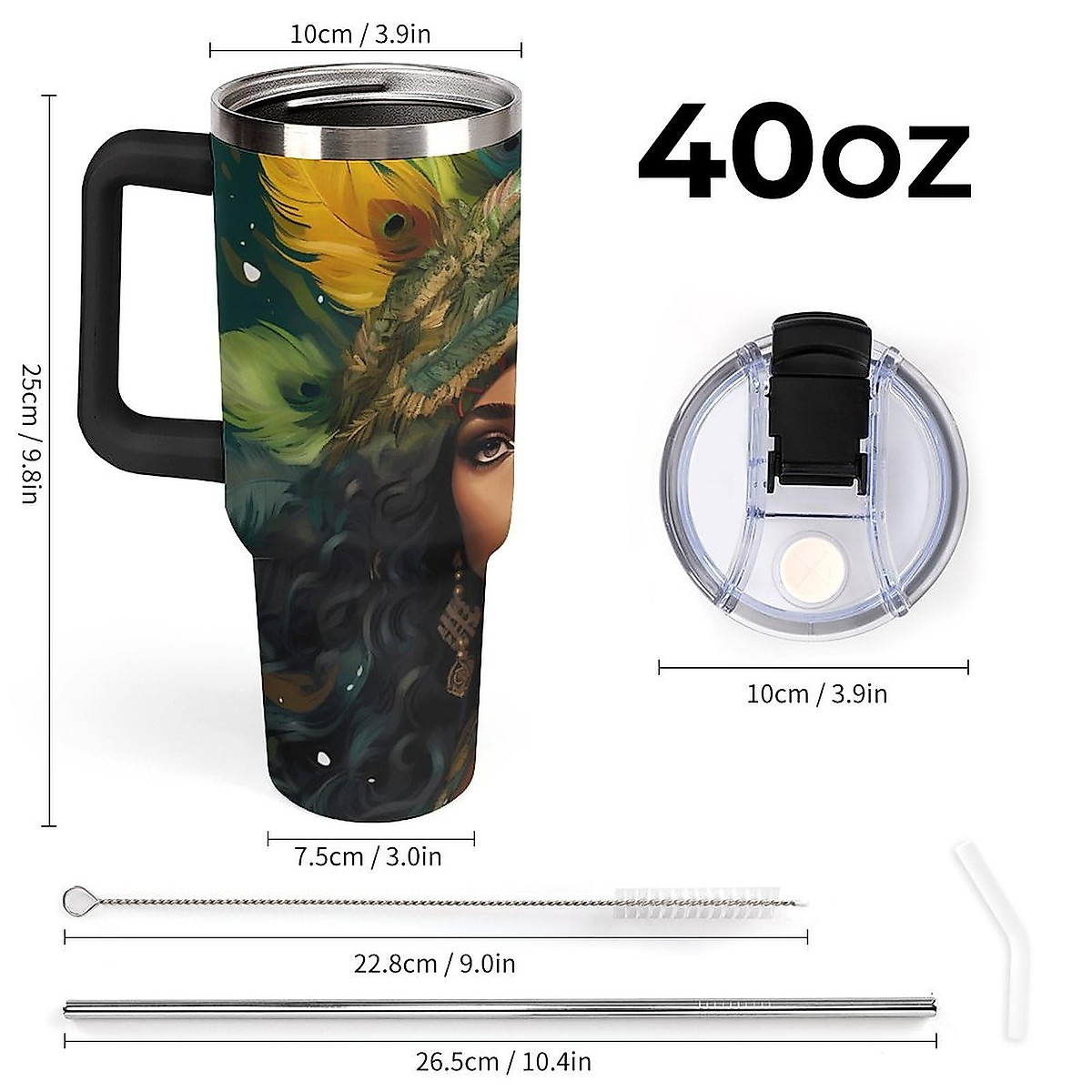 African American Women 40 Oz Tumbler with Handle Insulated Stainless Steel Travel Coffee Mug Leakproof Water Bottle Black-Color