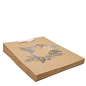 Juvale 12 Pack Kraft Paper Floral Gift Bags with Ribbon Handles + 20 Sheets Tissue Paper for Bridal Shower, Tea Party, Wedding Favors (10 x 13 In)