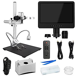JOYALENS JL249MS 3 Lens 10 Inch LCD HDMI Digital Microscope 2000x, 24MP Soldering Microscope Pro Metal Stand for Vertical Horizontal Adjust, Coin Microscope, Biological Microscope, PC Compatible, 32GB