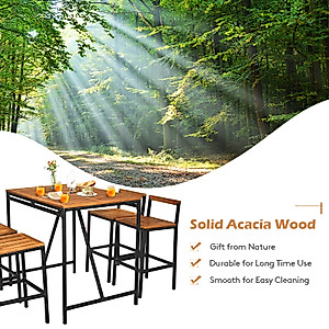 Tangkula 5-Piece Outdoor Acacia Wood Bar Table Set, Bar Height Outdoor and Rattan Dining Set, Rectangular Bar Table with Umbrella Hole and 4 Bar Stools for Patio, Garden and Backyard (Black)