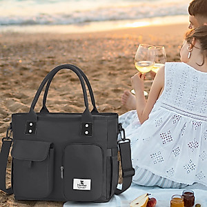 Hafmall Large Insulated Lunch Bag for Women Men, Leakproof Lunch Box for Adults, Wide Opening Lunch Tote Bag with Shoulder Strap, Reusable Lunch Cooler Bag for Work, Picnic, Black