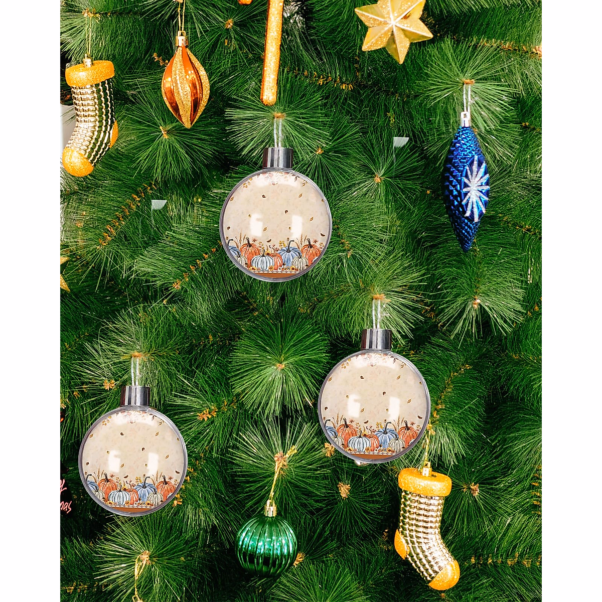 Christmas Tree Decorations Ball Ornaments, Thanksgiving Fall Christmas Ornaments 2022 Shatterproof, Western Pumpkin Teal Blue Orange Maple Leaf Christmas Balls Ornament Hanging for Xmas Party 3.5"