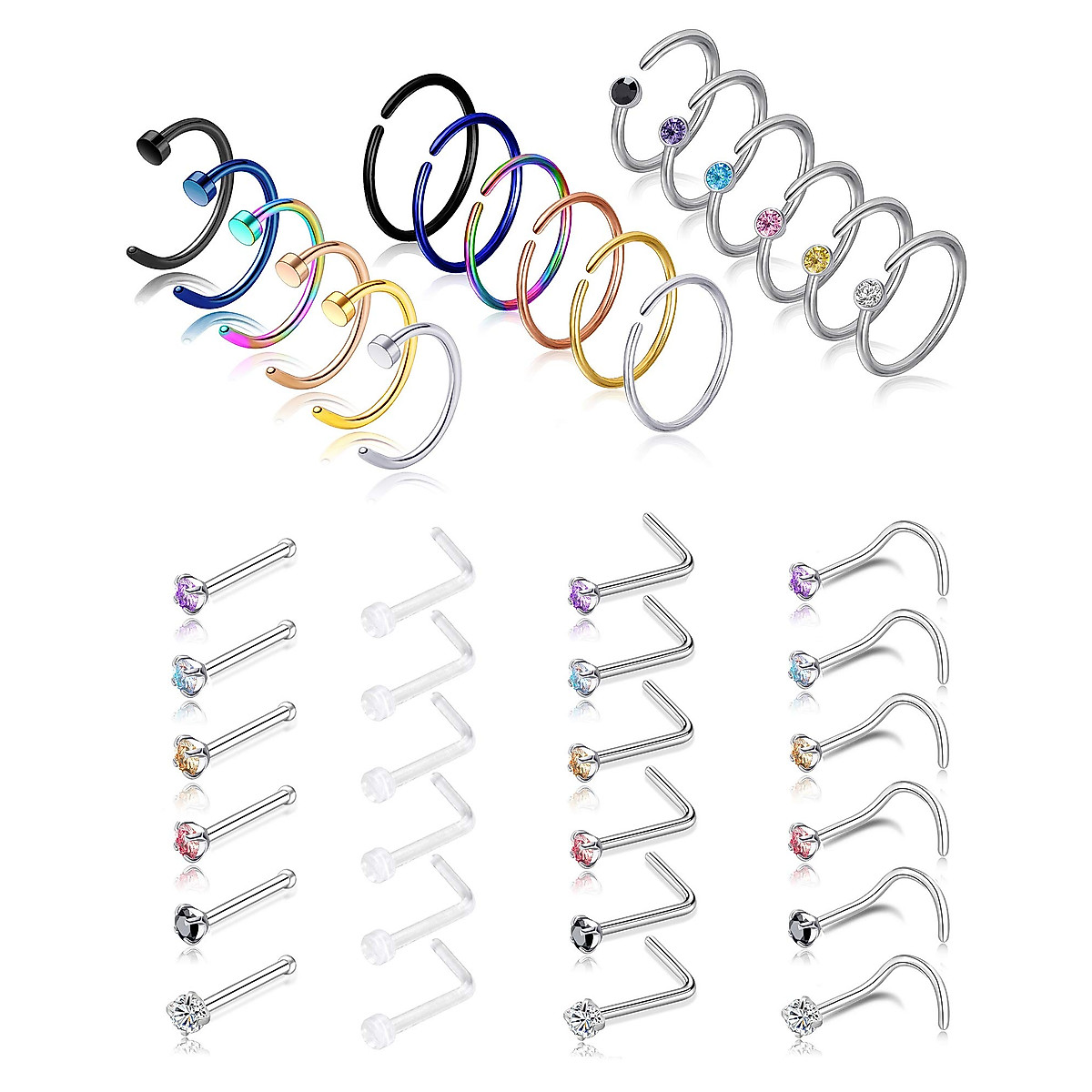 Tornito 20G 42Pcs Stainless Steel Nose Rings Nose Studs Set L-Shaped Bone Curved Nose Stud Piercing Helix Cartilage Tragus Hoop Rings Body Piercing Jewelry for Men and Women 8mm