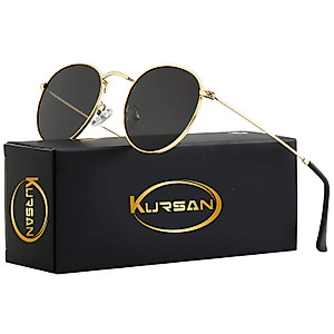 Kursan Small Round Metal Polarized Sunglasses for Men Women Mirrored Lens Classic Circle Sun Glasses (Gold Frame/Black Lens)