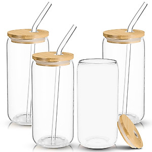 Dyserbuy Glass Cups with Bamboo Lids and Glass Straw 4pcs Set, 16oz Drinking Glasses, Beer Iced Coffee Glasses, Tumbler Cup, Ideal for Smoothie, Boba Tea, Whiskey, Water