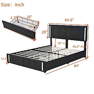 Harper & Bright Designs Queen Size Upholstered Platform Bed with LED Lights and USB Charger, Queen Storage Bed, Linen Platform Bed Frame with 4 Drawers, for Kids Teens Adults (Dark Gray)