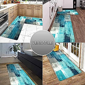 TOMWISH Turquoise Kitchen Rug 2PCS Anti-Fatigue Floor Mat Abstract Non Slip Kitchen Rugs and Mats Waterproof PVC Ergonomic Comfort Standing Mat Kitchen Rugs and Runner Sets for Kitchen,Sink,Laundry