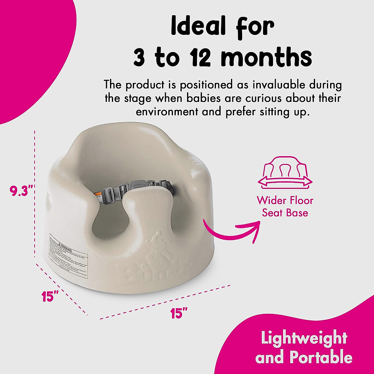 Bumbo Infant Floor Seat Baby Lounger Sit Up Support Chair for 3 to 12 Months with 3 Point Adjustable Safety Strap Harness and Rounded Backrest, Taupe