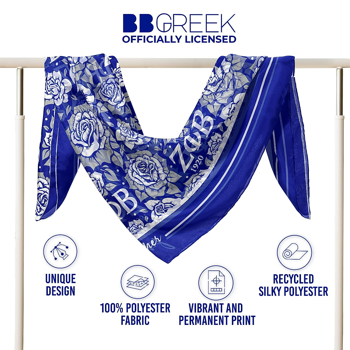 BBGreek Zeta Phi Beta Sorority - Silky Polyester Shawl Scarf - Greek Letters 1920 - Official Vendor