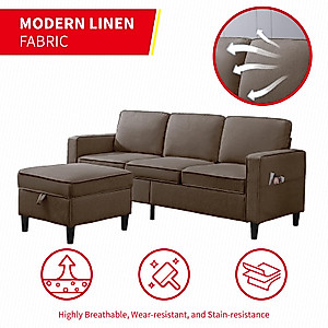 PUREMIND 78 Inches Convertible Sectional Sofa, Linen L-Shaped Sofa Couch with Reversible Storage Ottoman, Wooden Legs, 3-Seat Sectional Couches for Living Room, Small Space, Apartment (Coffee)…