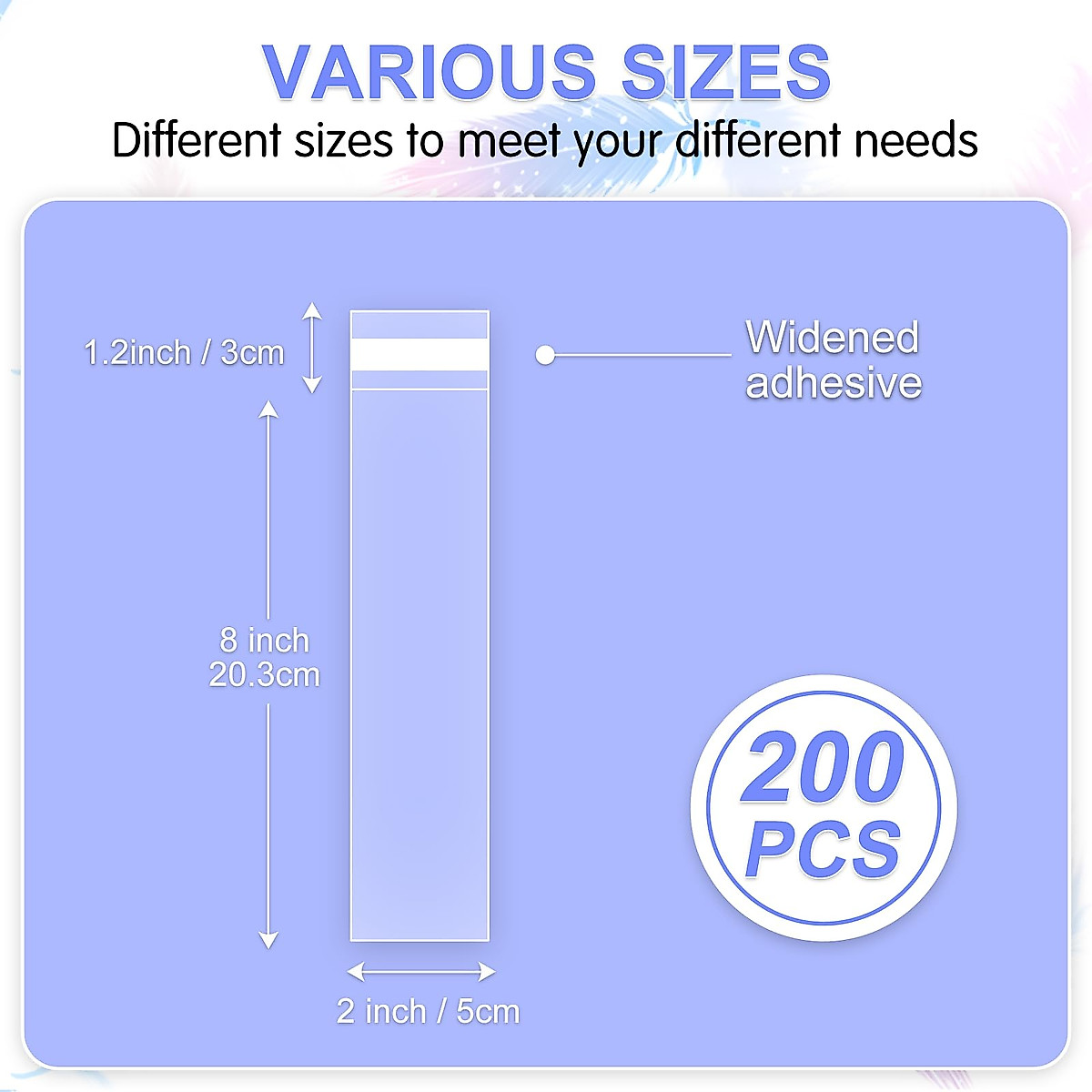 COQOFA Long Self Adhesive Cellophane Bags 2x8" 200 Pcs Clear Cookie Candy Treat Bags Resealable Self Sealing Plastic Cello Bags Long Strip Transparent Individual Bags