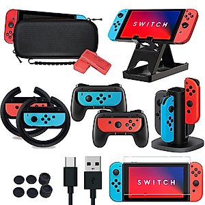 TalkWorks Super Combo Pack Accessories for Nintendo Switch - 2 Grips, 2 Wheel Controller Grips, 2 Game Card Holders, 1 Charging Dock, Thumb Grips, USB-C Cable, Switch Stand, Screen Protector