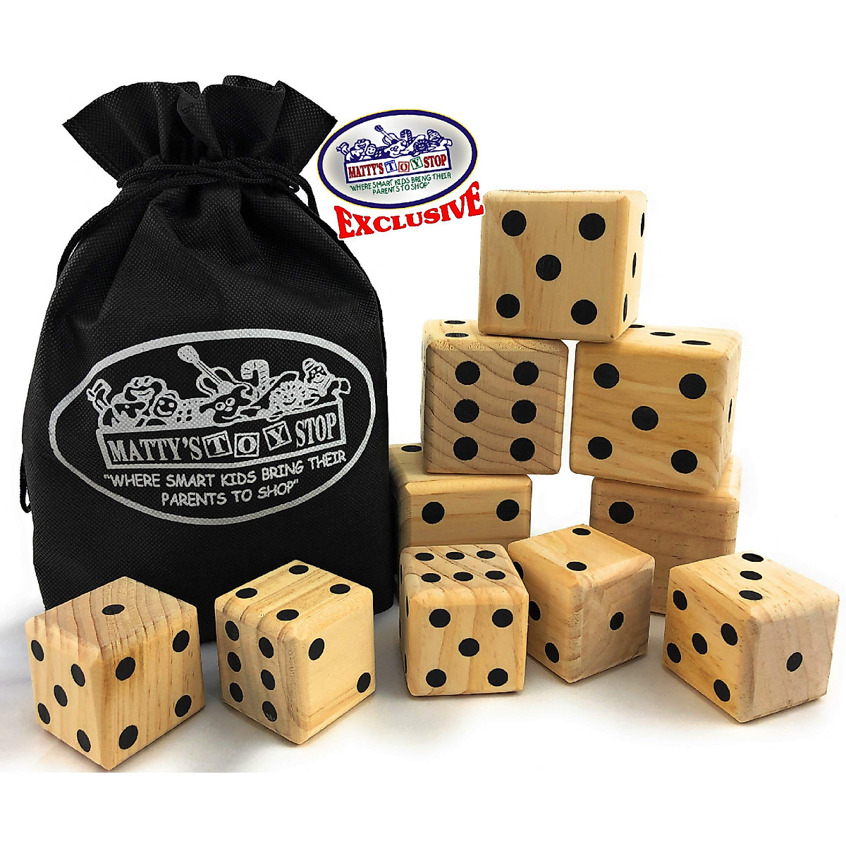 Matty's Toy Stop Deluxe 10pcs Wooden Lawn Dice Set - Features 5 (2.75") and 5 (2") Large Wooden Dice with Storage Bag