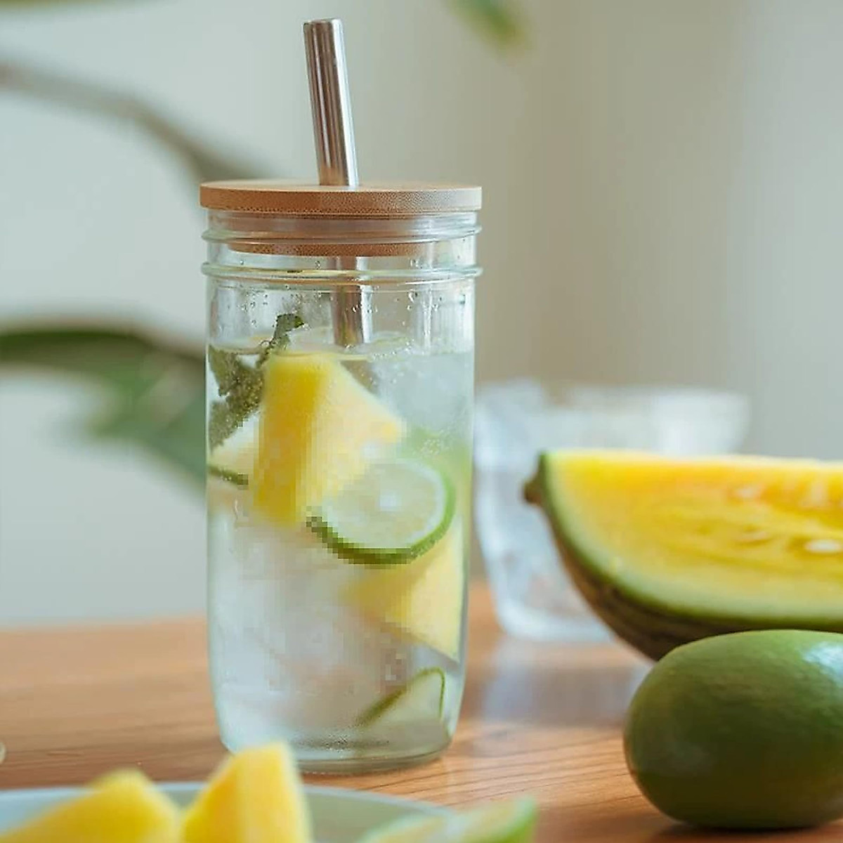 BamLue 2 Pack 24OZ Glass Cups with Lids and Metal Straws Iced Coffee Cups with Bamboo Lids, Cute Boba Cup with Non-slip Sleeve, Clear Drinking Glasses for Bubble Tea, Smoothies, Juices, Sauces