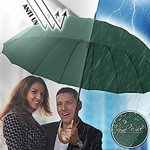 Royal Walk Large Windproof Umbrella for 2 People, 54 Inch, Dark Green, Auto Open, Wooden Handle, 16 Ribs, Travel Size