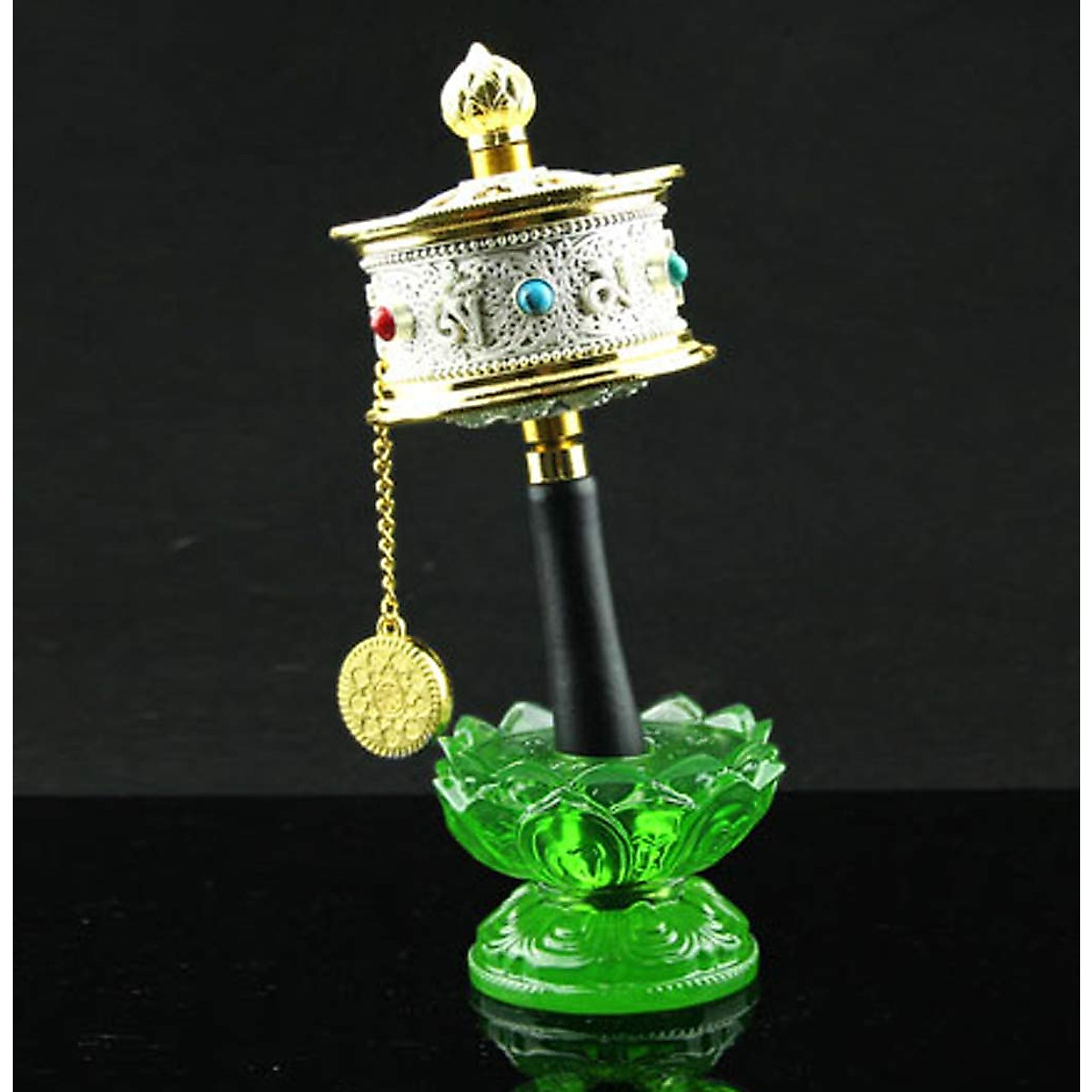 Hand Held Prayer Wheel Holder/Resin Lotus Shaped Hand Held Prayer Wheel Base Display Stand - Tibet Tibetan Buddhism Buddha Prayer Wheel Display Stand(NO Prayer Wheel) (Green)