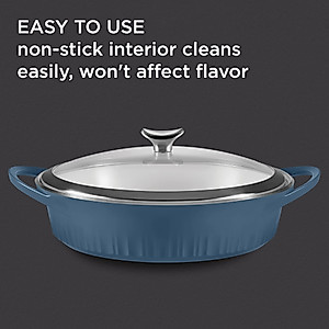 CorningWare, Non-Stick 4 Quart QuickHeat Braiser with Lid, Lightweight, Ceramic Non-Stick Interior Coating for Even Heat Cooking, Perfect for Baking, Frying, Searing and More, French Navy