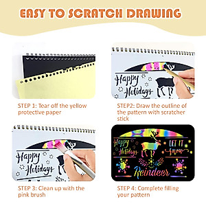 Christmas Scratch Paper Art Notebooks, 24 Piece Set of 14 Sheets Rainbow Magic Scratch Off Paper, 10 x 7 Inches, with 6 Xmas Stencils, 3 Scratcher Sticks, and 1 Cleaning Brush for Kid, Adult and more