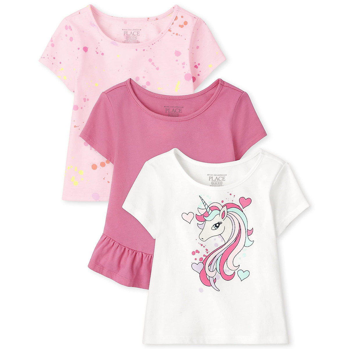 The Children's Place Baby 3 Pack and Toddler Girls Short Sleeve Fashion Top, Unicorn/Rose Mist/Paint Splatter 3-Pack, 3T