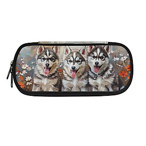 Lotusorchid Husky Dog Printed Pencil Case for Kids Students Adults, Lightweight Flower Pen Case Zipper School Pencil Pouch Organizer, Multi-Purpose Handy Roomy Pen Holder Bag for Purse
