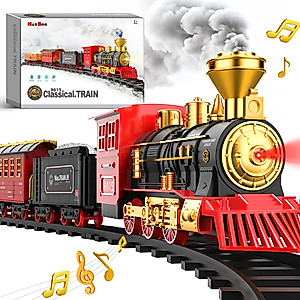 Hot Bee Train Set - Train Toys for Boys w/Smokes, Lights & Sound, Toy Train w/Steam Locomotive, Train Carriages & Tracks, Toddler Model Trains for 3 4 5 6 7 8+ Years Old Kids Birthday Gifts