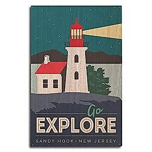 Sandy Hook, New Jersey, Go Explore, Lighthouse, Vector Style Birch Wood Wall Sign (10x15 Rustic Home Decor, Ready to Hang Art)