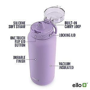 Ello Cooper Vacuum Insulated Stainless Steel Water Bottle with Soft Straw and Carry Loop, Double Walled, Leak Proof, Lilac, 32oz