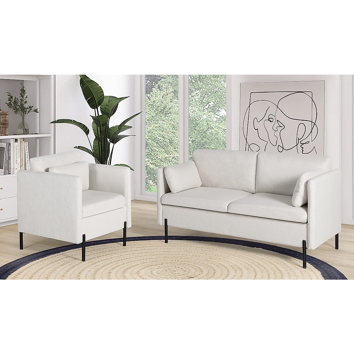 TYBOATLE Modern Living Room Furniture Sectional Sofa Sets 2 Pieces, Mid-Century Loveseat Couch and Comfy Accent Arm Chairs for Small Space, Apartment, Office (Cream Beige)