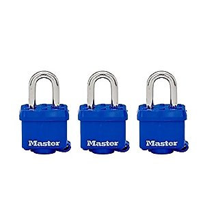Master Lock 312TRI Laminated Padlock with Key & Thermoplastic Shell, Blue, Pack of 3 Keyed-Alike