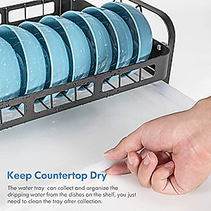 romision 2 Tier Dish Drying Rack, 304 Stainless Steel Large Dish Rack and Drainboard Set with Utensil Holder, Cup Holder and Water Tray, Dish Drainer for Kitchen Counter Space-Saving(Black)