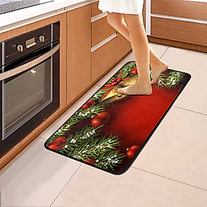 ALAZA Christmas Kitchen Rugs,Christmas Kitchen Mat for Kitchen Bathroom Decor 39 x 20 Inch,Branches Bells