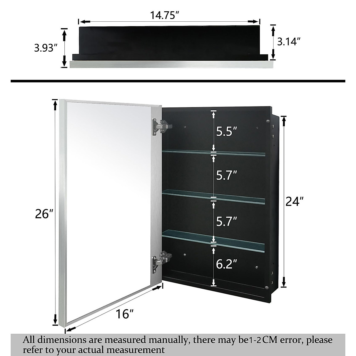 FOMAYKO Bathroom Medicine Cabinet with Mirror, Recess or Surface Mount Bathroom Vanity Mirror Cabinet,Single Door Cabinet Famerhouse Bathroom Mirror with Storage Cabinet (Brush Silver, 16"x26")