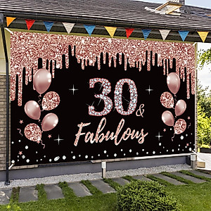 30th Birthday Decorations 30 & Fabulous Birthday Banner for Women, Rose Gold 30 Birthday Theme Sign Party Supplies, Thirty Year Old Bday Background Photo Booth for Indoor Outdoor