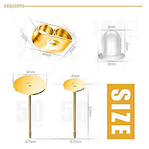 Gold Earring Posts and Backs, 500Pcs Hypoallergenic Earring Studs for Jewelry Making with Butterfly Earring Backs and Rubber Bullet Earring Backs (4mm, 6mm)