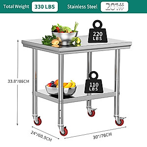 YITAHOME NSF Stainless Steel Table, 30" X 24" Work Table with Wheels, 2 Shelves Metal Table Prep Table for Home Kitchen Restaurant Garage Warehouse Outdoor