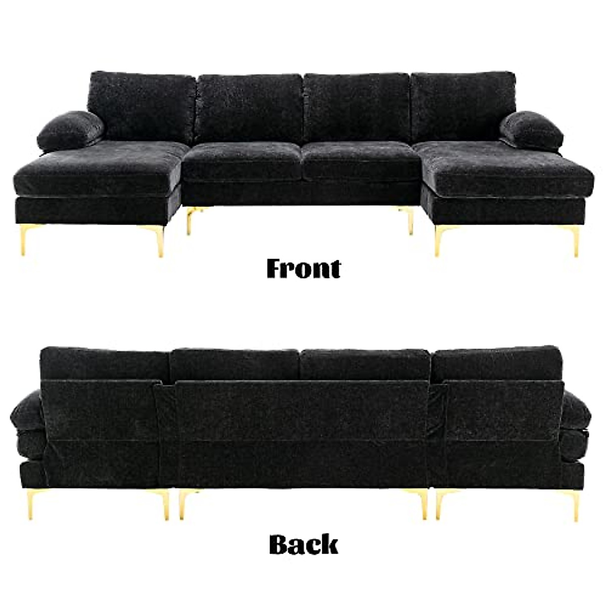 Homtique U Shaped Sectional Couch,Modern Large Modular Sectional Sofa for Living Room,Chenille Fabric Oversized Couch with Chaise Lounge and Golden Legs (Black)