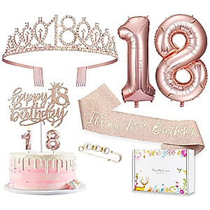 8pcs 18th birthday decorations for girls, Including 18th Happy Birthday Cake Toppers, Birthday Queen Sash with Pearl Pin, Sweet Rhinestone Tiara Crown, Number Candles and Balloons Set, Rose Gold