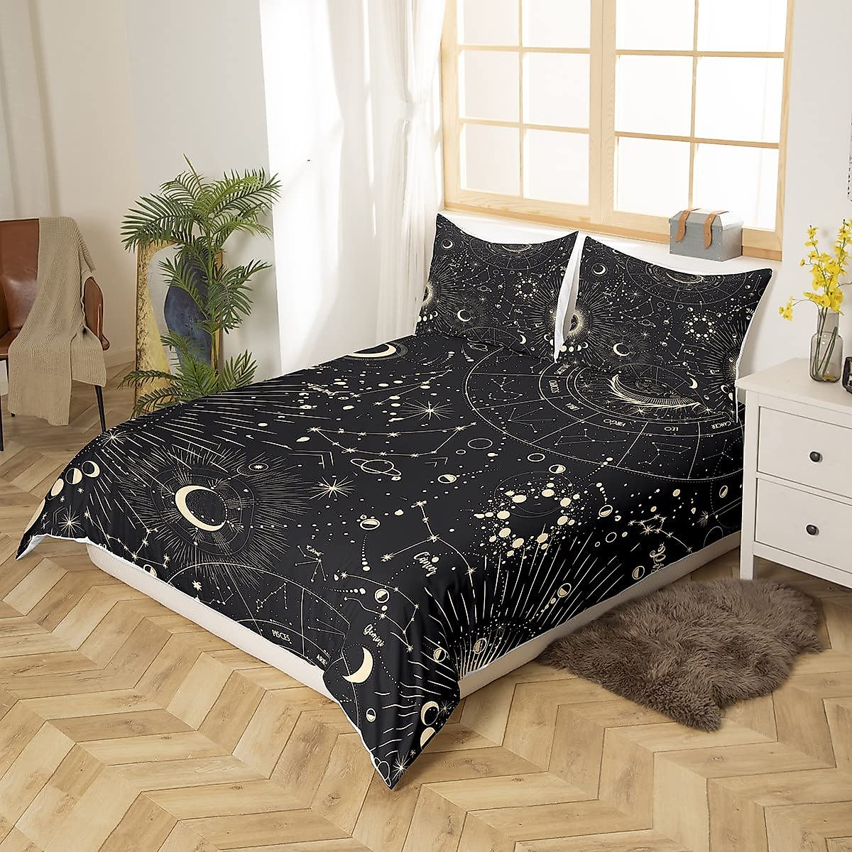 Feelyou Sun and Moon Duvet Cover Boho Exotic Bedding Set Galaxy Astrology Comforter Cover for Boys Girls Children Teens Bedroom Decor Chic Cute Luxury Zodiac Signs Bedspread Cover Queen Size