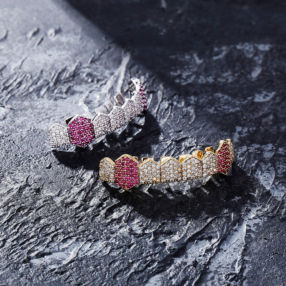 JINAO Silver Bottom 8 Teeth Grillz for Your Teeth 18K Gold Plated Iced Out Cubic Zirconia Fake Diamond Hip Hop Mouth Grill for Women Men(White Gold Pink)