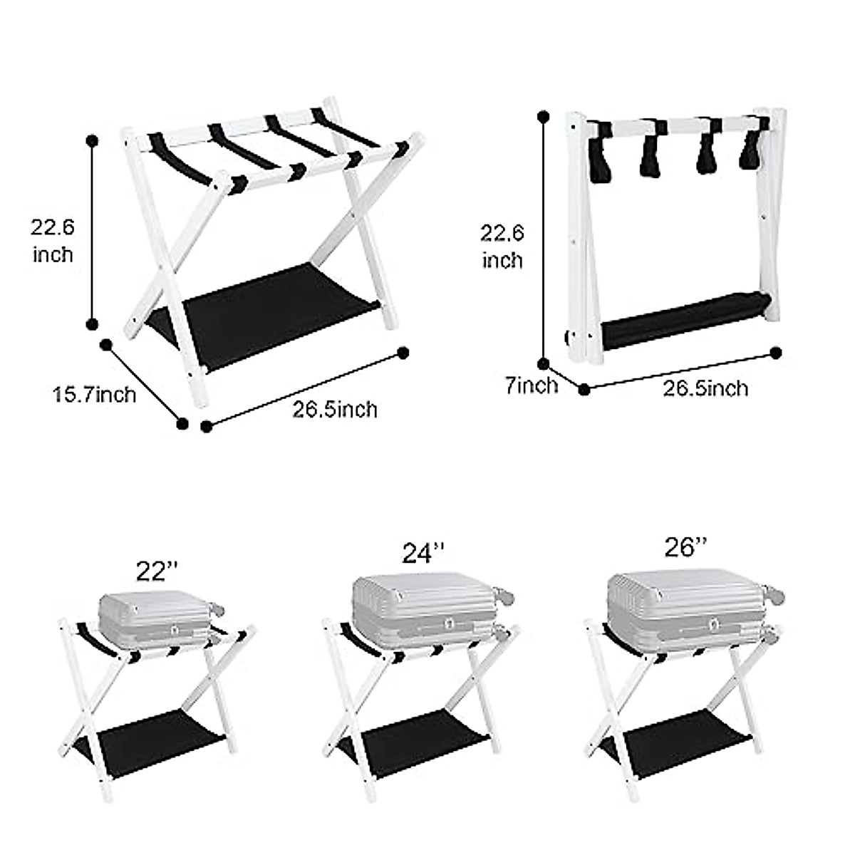 Luggage Rack 4 Pack, Luggage Racks with Heavy Duty Nylon Belts, Folding Space saving Luggage Stand, Wood Suitcase Holder Shelf For Bedroom, Luggage Racks with Nylon Shoe Rack, White
