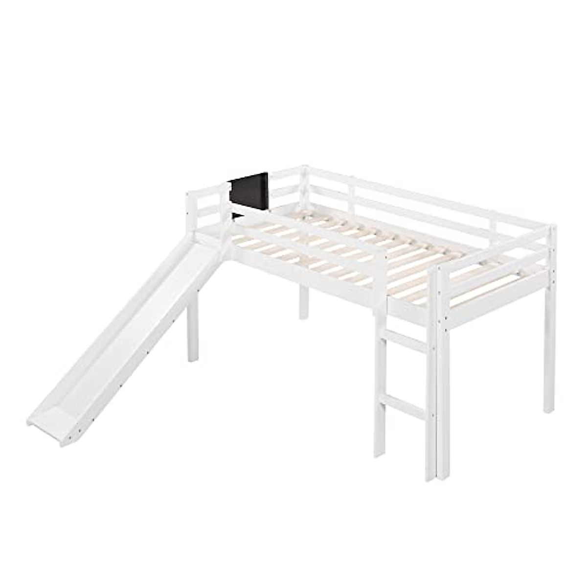 Bellemave Kids Loft Bed with Slide, Wood Loft Bed Boys Girls Twin Size, Low Loft Bed with Chalkboard(White)
