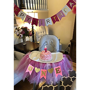1st Birthday Girl Baby Tutu for High Chair Decoration and "ONE" Pennant Happy Birthday for Highchair