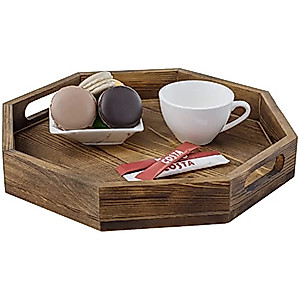 MyGift Rustic Burnt Wood Octagon Serving Tray, Decorative Ottoman Coffee Table Tray with Cutout Handles