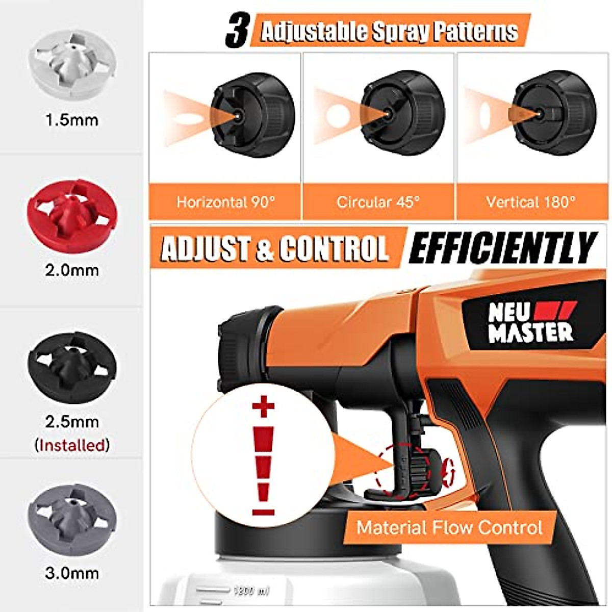 NEU MASTER Paint Sprayer, Electric Spray Paint Gun 1200ML/4 Nozzles/3 Patterns, Easy to Use for Home Interior and Exterior, House, Furniture, Cabinets, Fence, Ceiling (Orange)