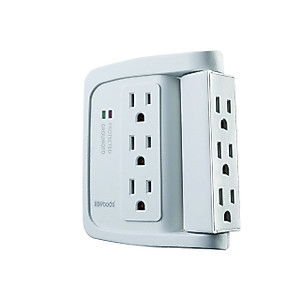 Woods 41423 Space-Saving Power Adapter Surge Protector with 6 Outlets in Which 90° for 1440J of Protection, White
