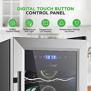 NutriChef PKCWCDS184 Wine Refrigerator Cellar, 18 Storage and 58.2 Liters Internal Capacity, Single Zone Chiller with Digital Touch Button Control, Placement for Standing Bottles and Air Tight Seal