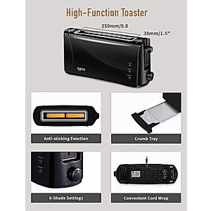 Long Slot Toaster 2 Slice Best Toaster 2 Slice Wide Slot, Vintage Black Toaster with Defrost/Reheat/Cancel/6 Bread Shade Settings/Removable Crumb Tray for Waffles Bagels, Easy To Use, 1000w