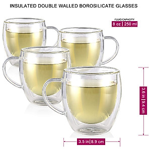 Teabloom Double Walled Cups – 8 oz / 250 ml – Set of 4 Insulated Glass Cups for Tea, Coffee, Espresso, and More – Clarity Glasses